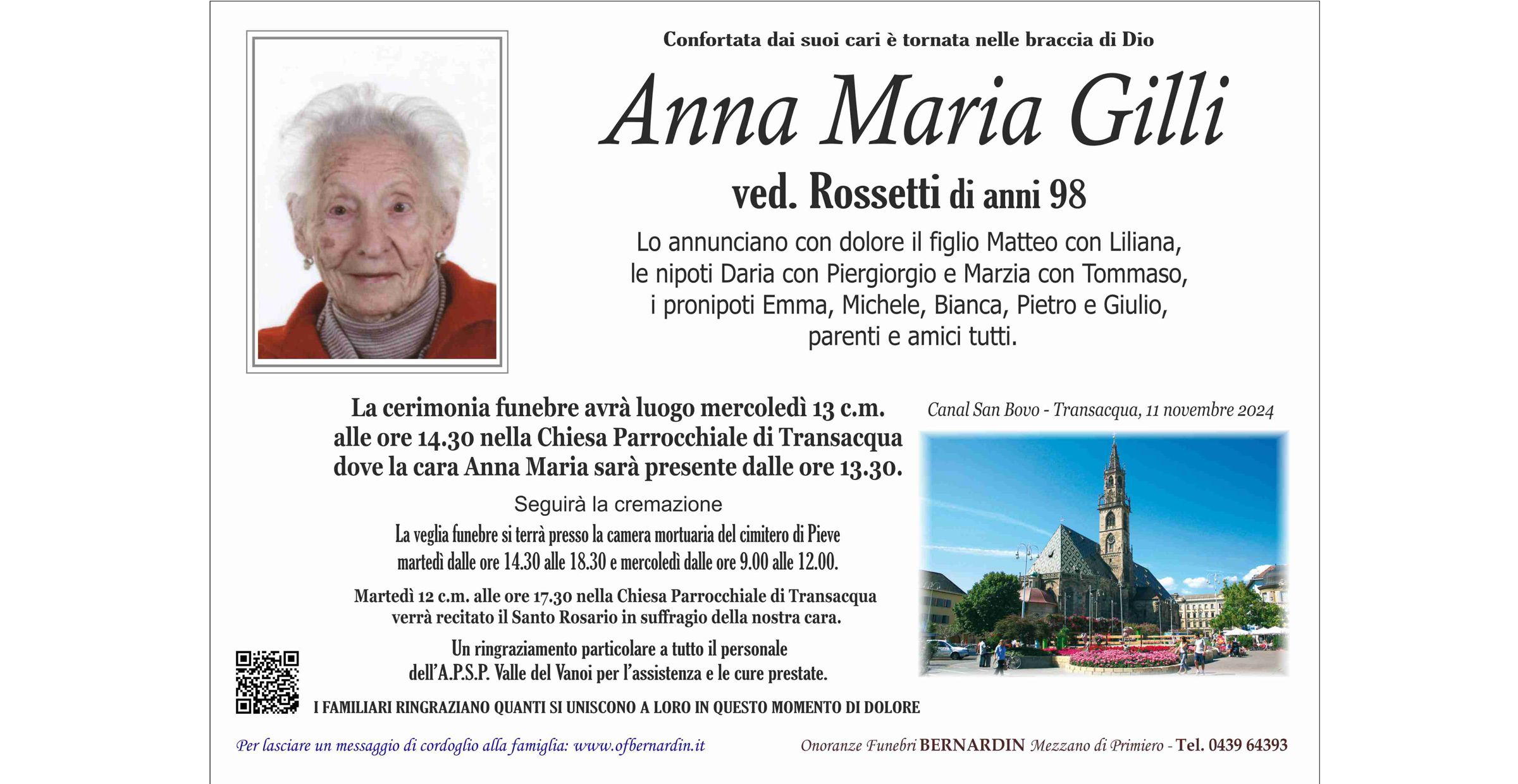 Anna Maria Gilli ved. Rossetti - Onoranze Funebri Bernardin